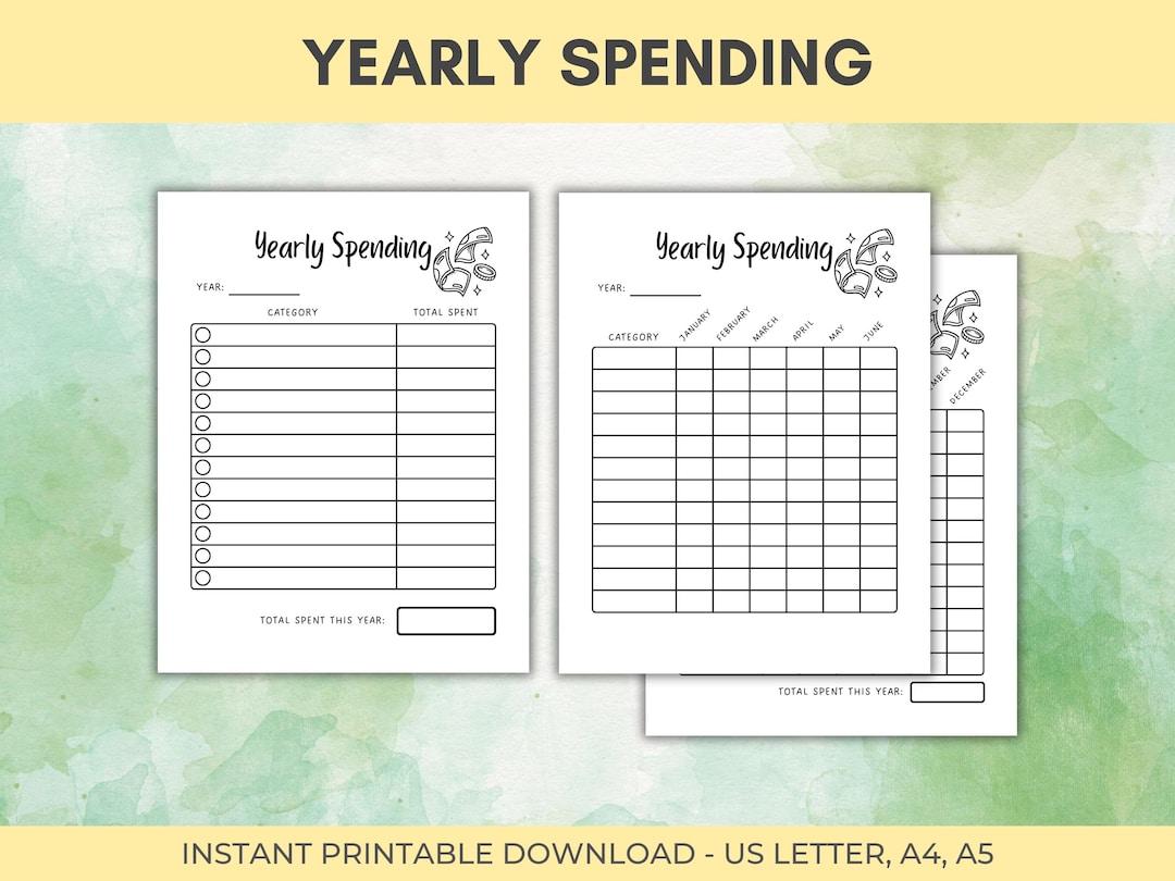 Yearly Spending Tracker, Printable Journal Planner Page, Spending Log ...