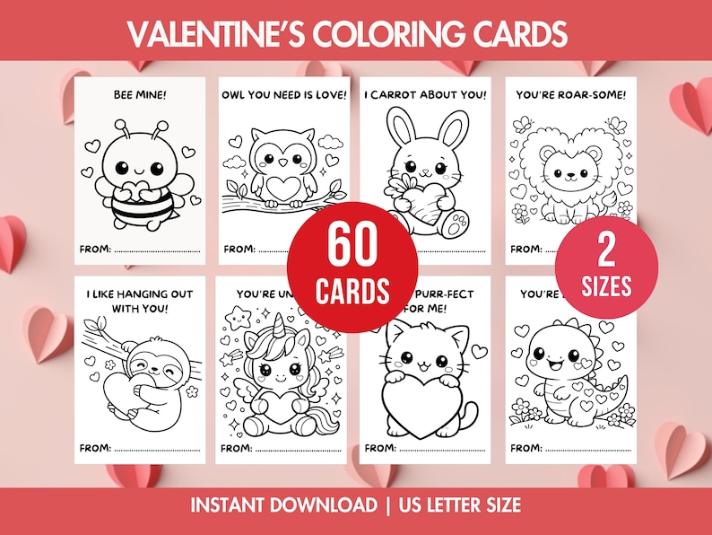 Valentines Coloring Cards, Printable Valentines Day Cards, Kids ...