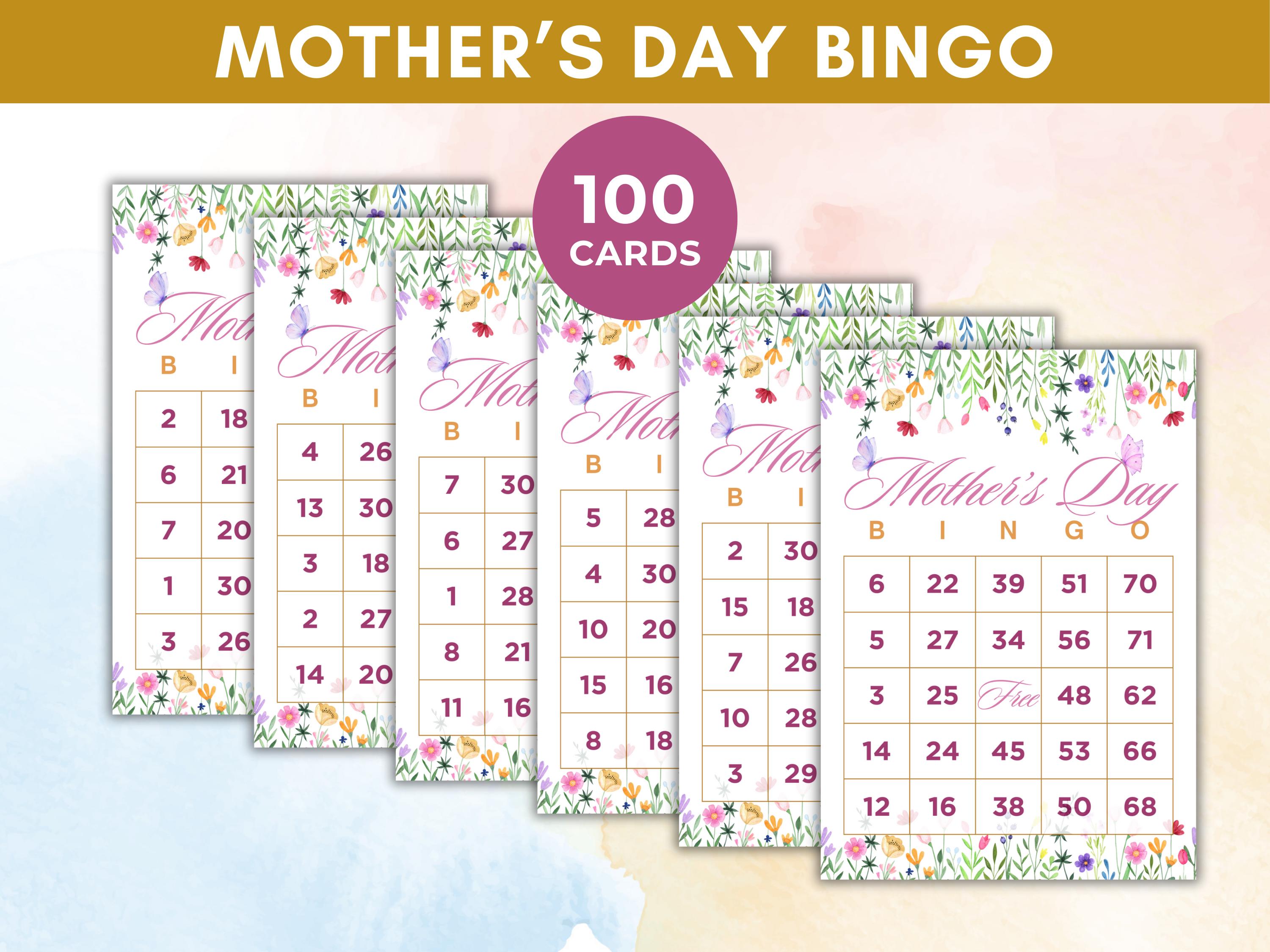 100 Mother's Day Bingo Cards, Printable Mother's Day Numbers Bingo ...