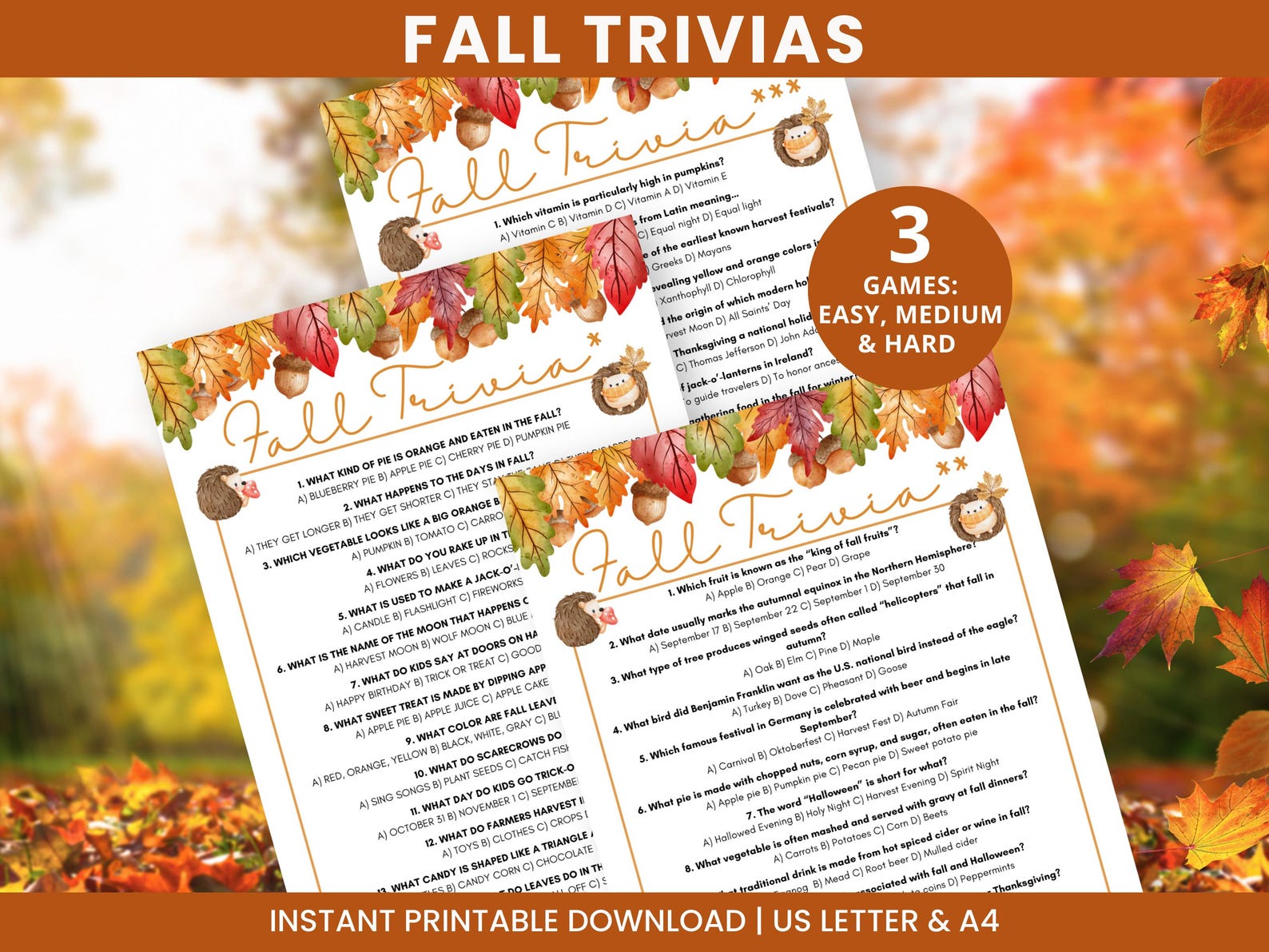 Fall Trivia Game, Printable Fall Quiz, Autumn Trivia Questions, Kids ...