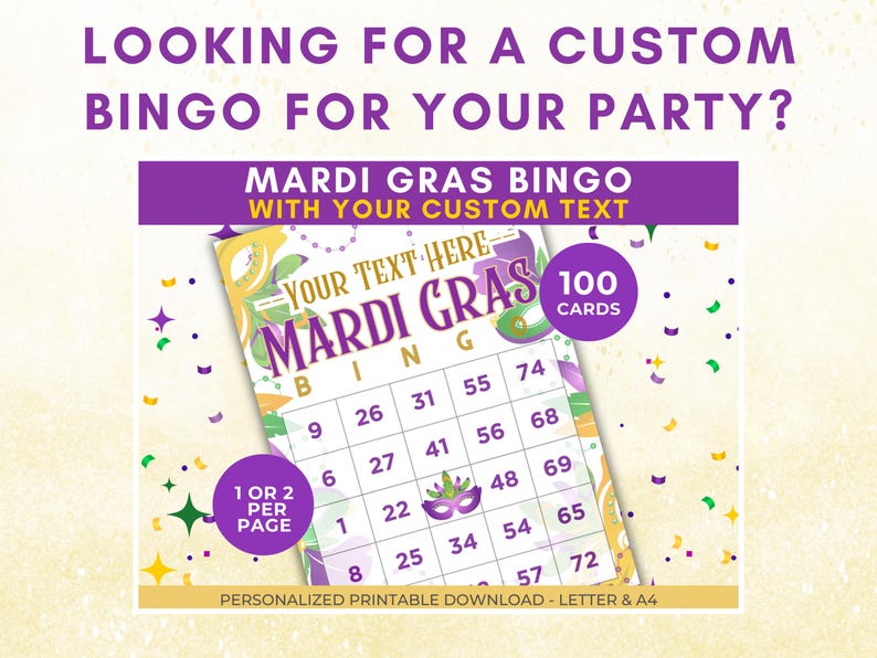 100 Mardi Gras Bingo Cards, Printable Mardi Gras Bingo, Mardi Gras ...