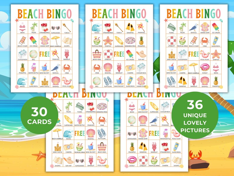 30 Beach Bingo Cards, Printable Summer Bingo, Summer Game, Summertime ...