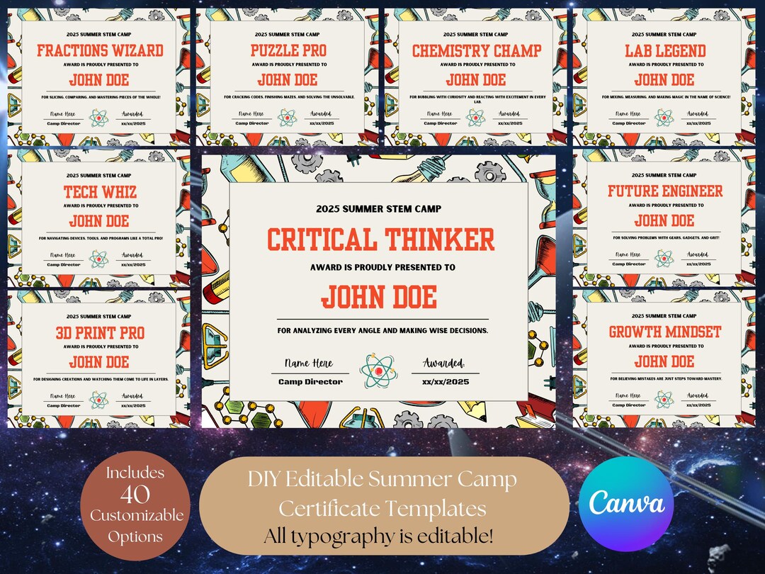 STEM Camp Awards: Editable Certificates for Kids (printable DIY, PDF ...