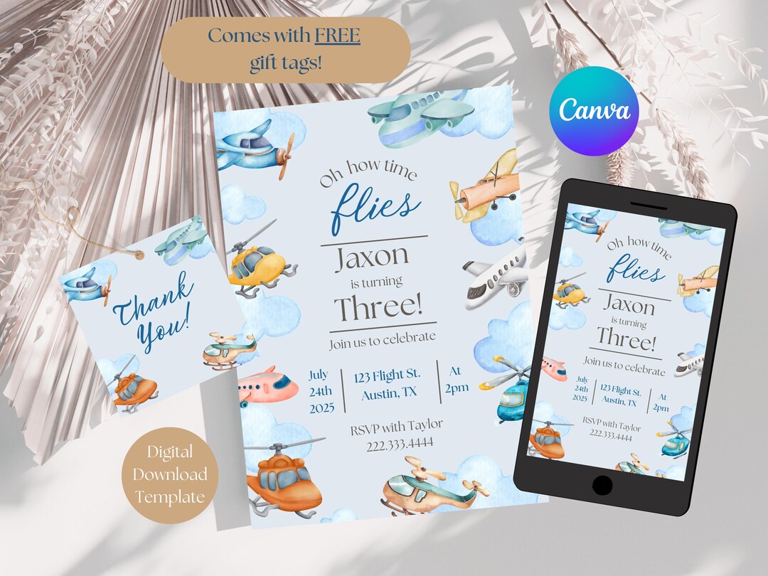 Airplane Birthday Invitation Template: Time Flies Theme (digital ...