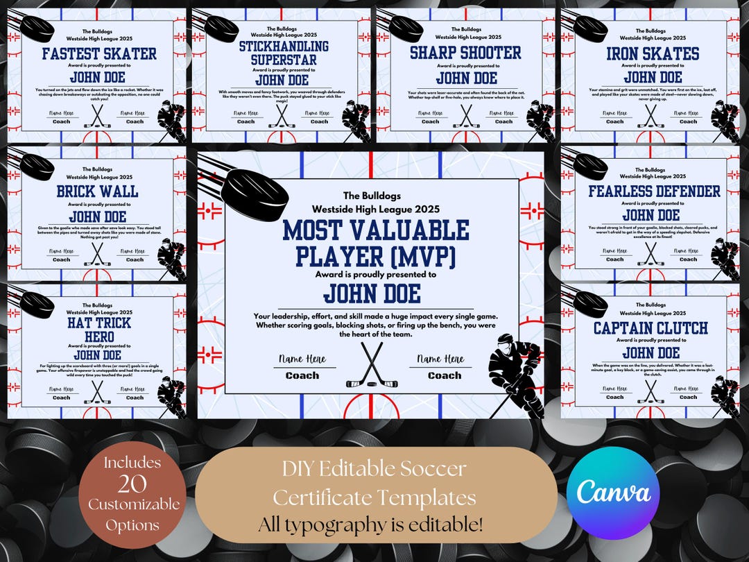 Hockey Award Certificates Bundle: 20 Editable Kids Team Sports Awards ...