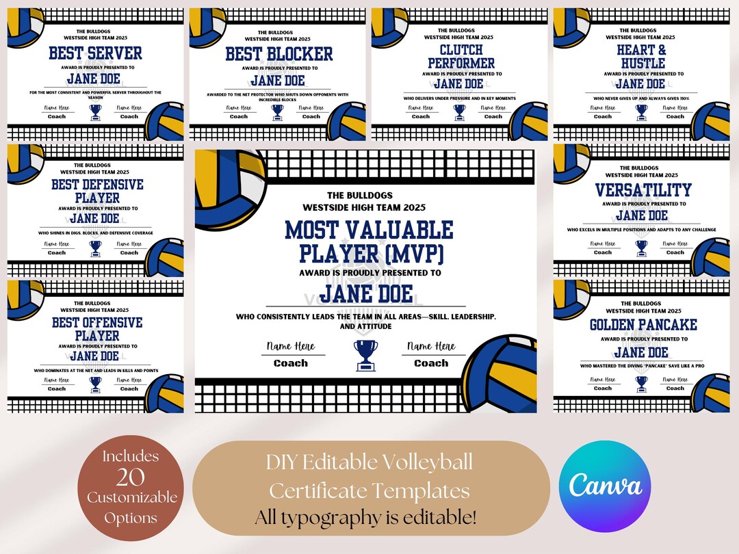 Volleyball Award Certificate Bundle | 20 Printable Editable Awards for ...