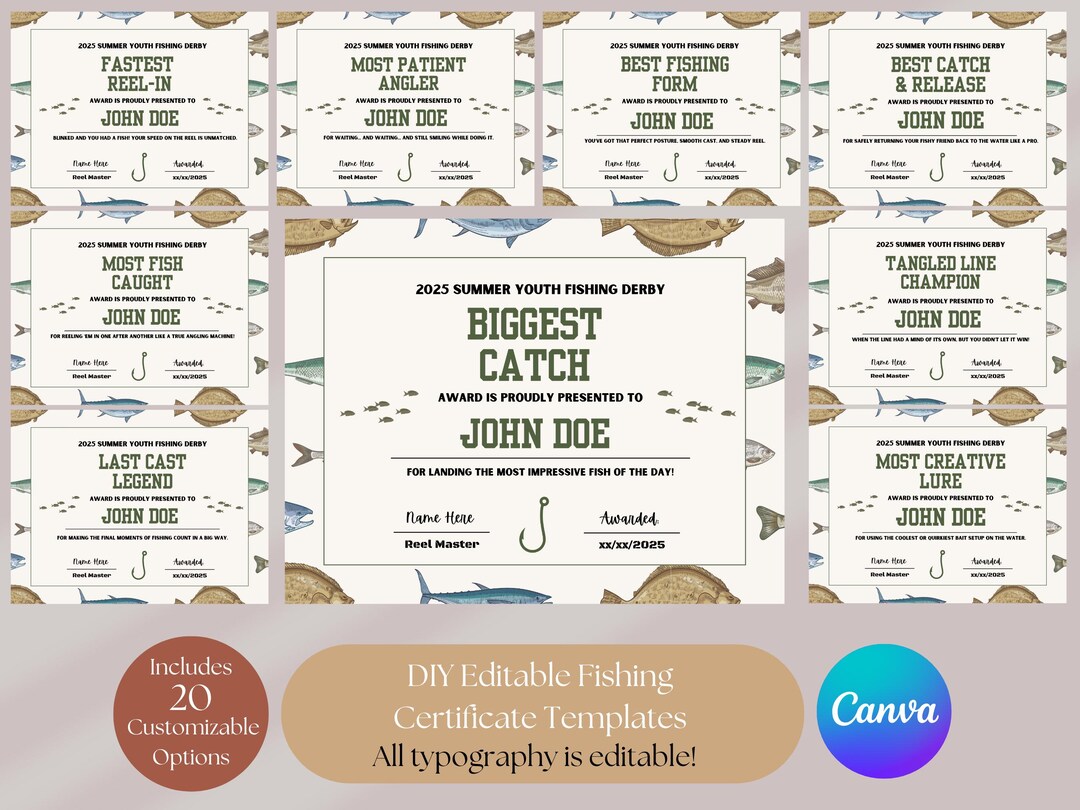 Kids Fishing Award Certificates: Printable Tournament Awards (canva ...