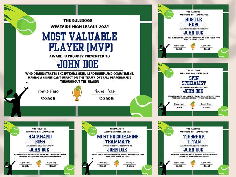Tennis Award Certificate Bundle | 20 Printable Editable Awards for ...