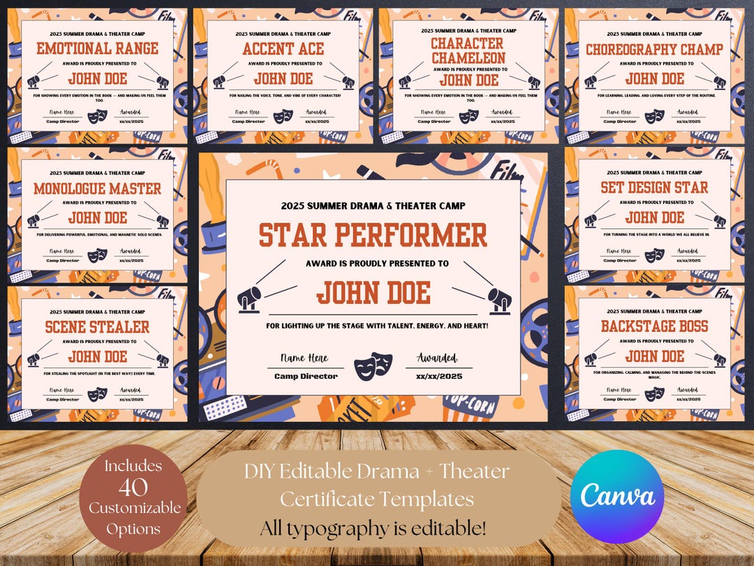 Drama Award Certificates: 40 Printable Theater Awards (canva Template ...