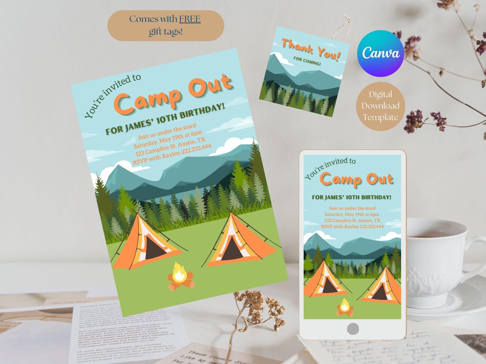 Camping Birthday Invitation: Editable Camp Out Party (digital Download ...