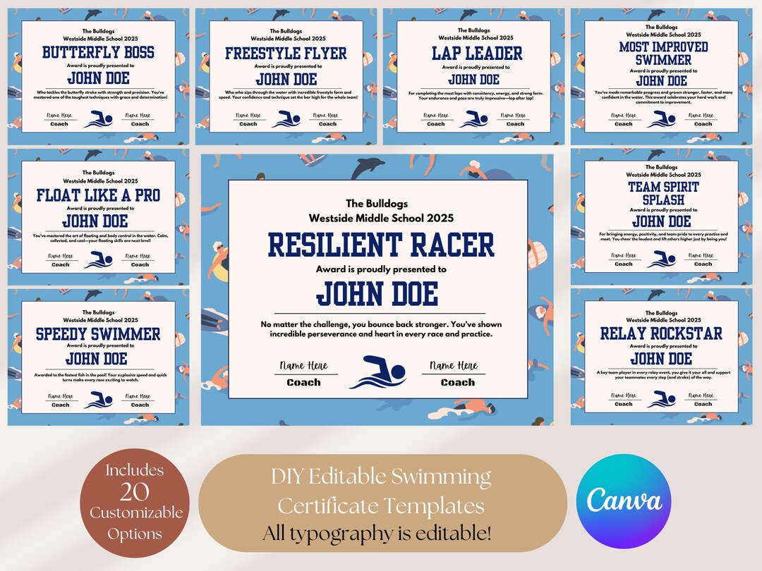 Swim Team Award Certificate Bundle: 20 Editable Kids Team Sports Awards ...