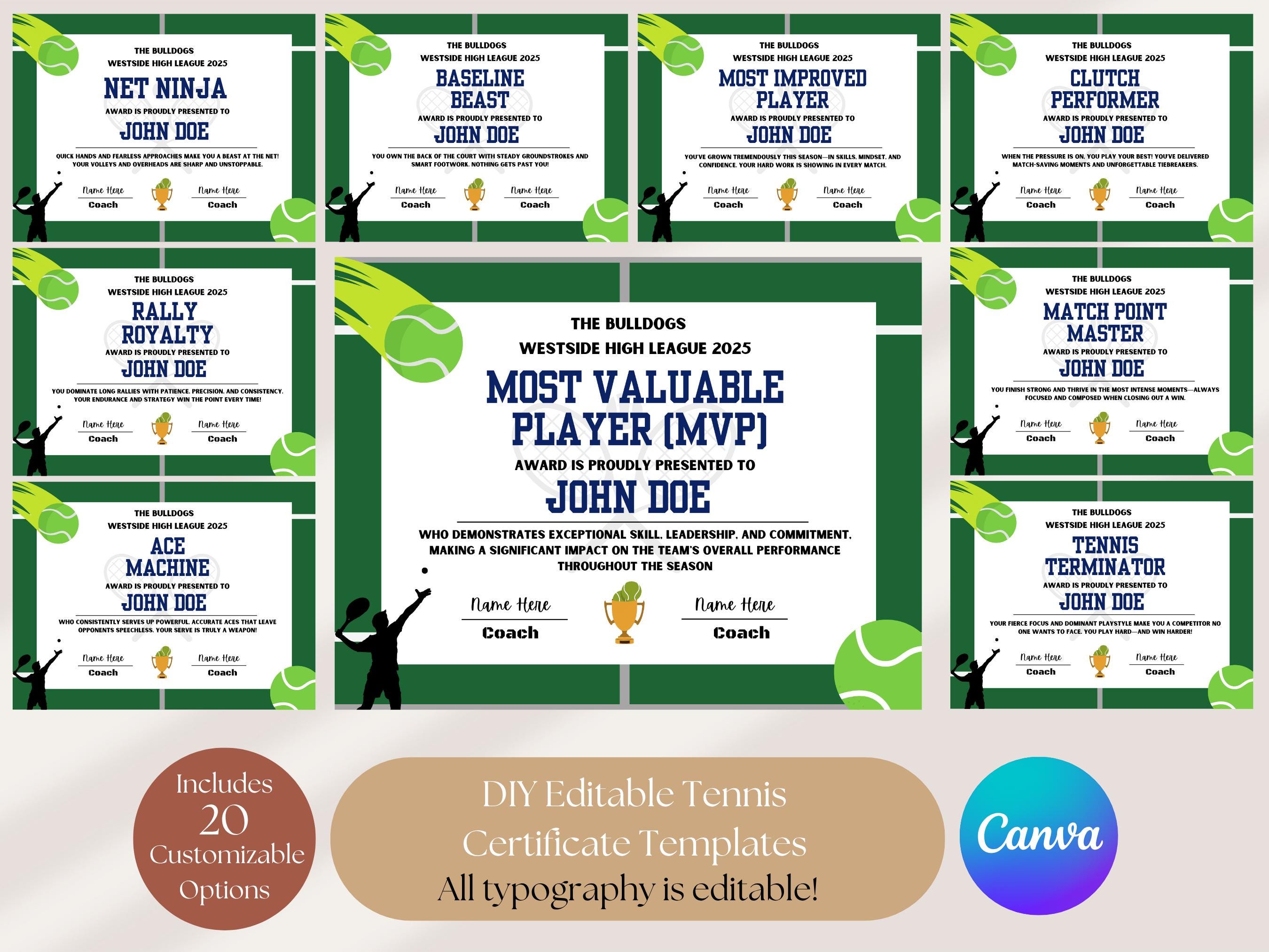 Tennis Award Certificate Bundle | 20 Printable Editable Awards for ...