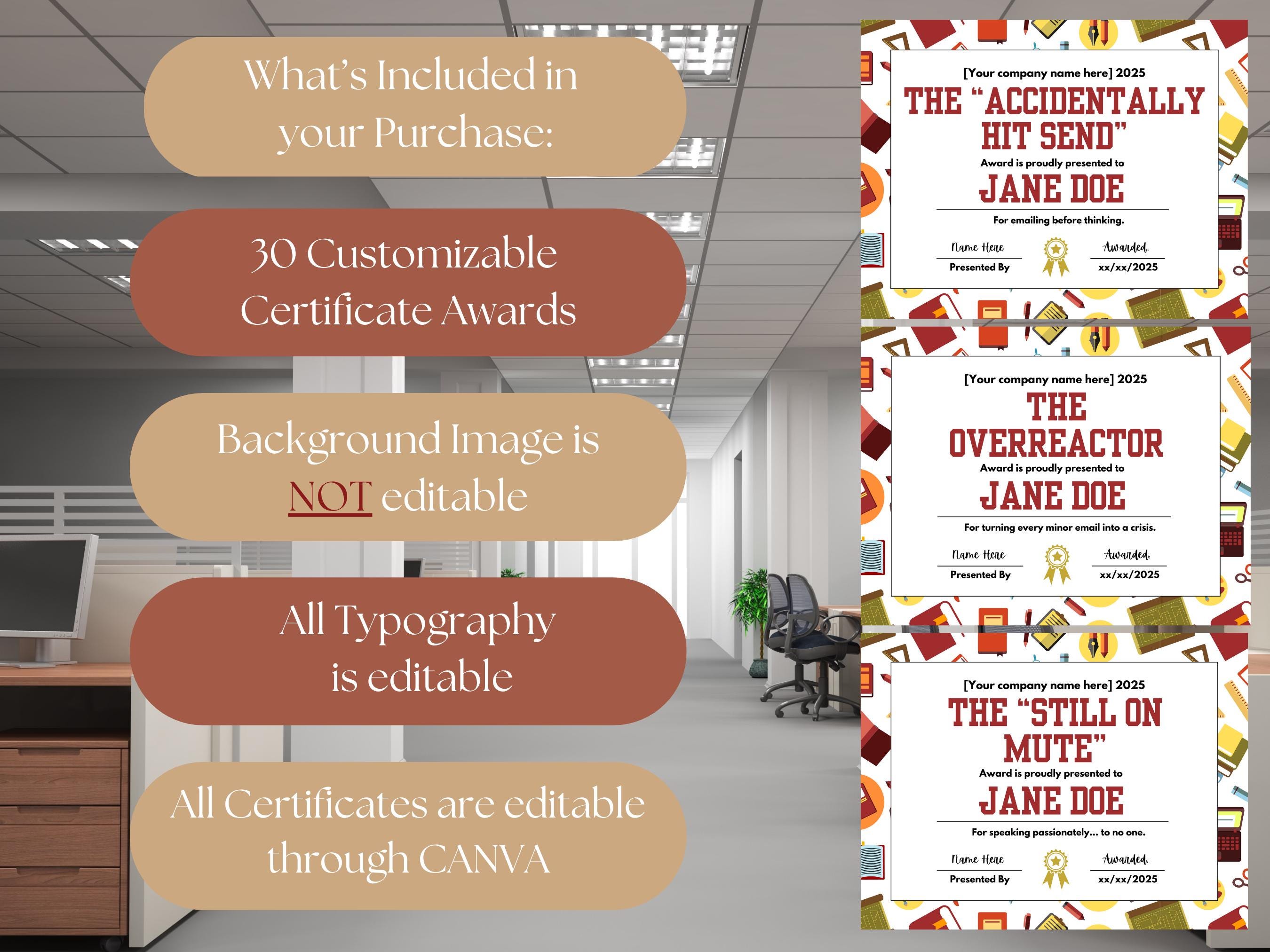 Funny Coworker Award Certificates: 30 Editable Gag Gifts (instant ...