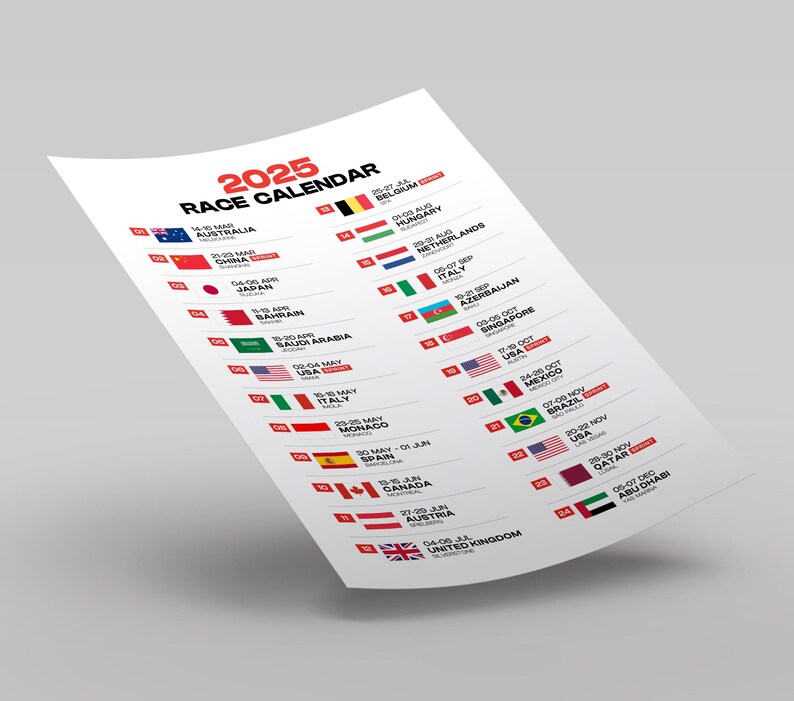 2025 F1 Race Calendar Printable, Formula 1 Schedule Poster, Motorsport ...