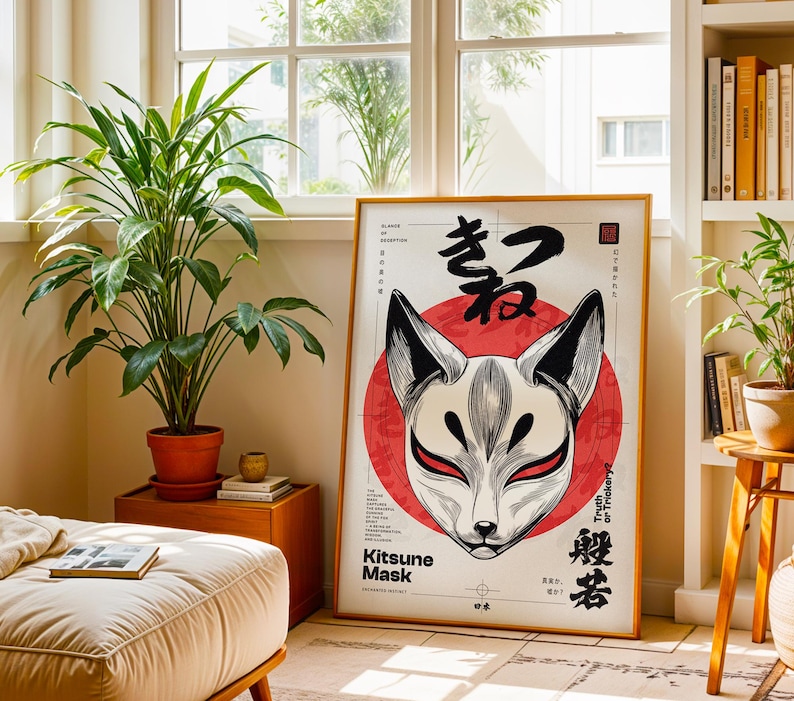Kitsune Mask Poster – Fox Spirit Wall Art With Red Sun, Transformation ...