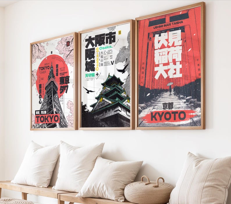 Japanese City Poster Bundle — Tokyo Tower, Osaka Castle & Kyoto Torii ...