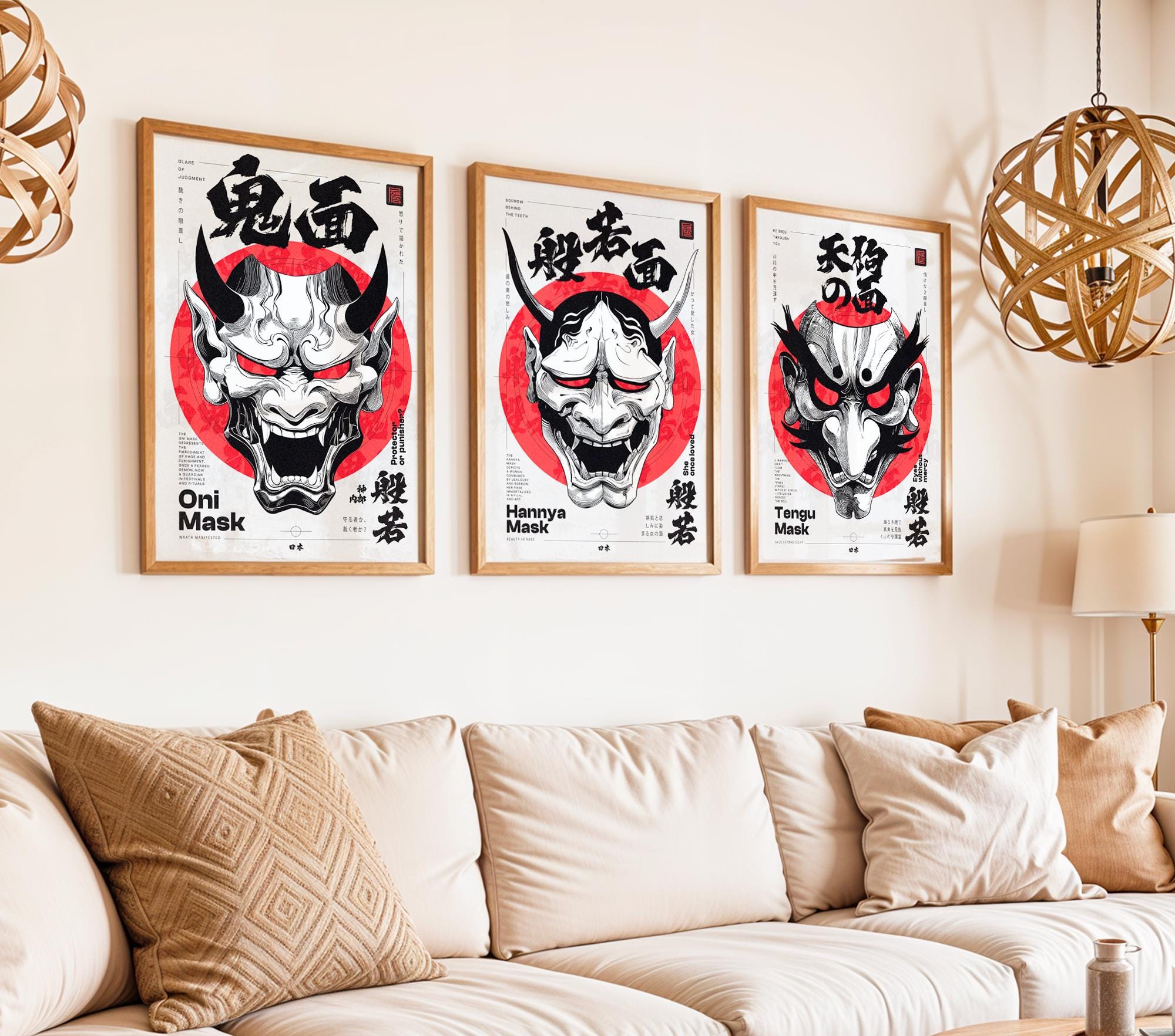 Japanese Demon Mask Poster Set – Oni, Hannya & Tengu Wall Art Trio, Red ...