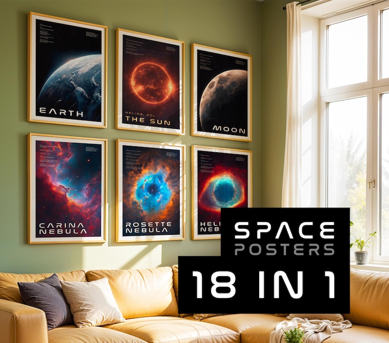Space Poster Set of 18 — Solar System, Galaxies, and Nebulae Wall Art ...
