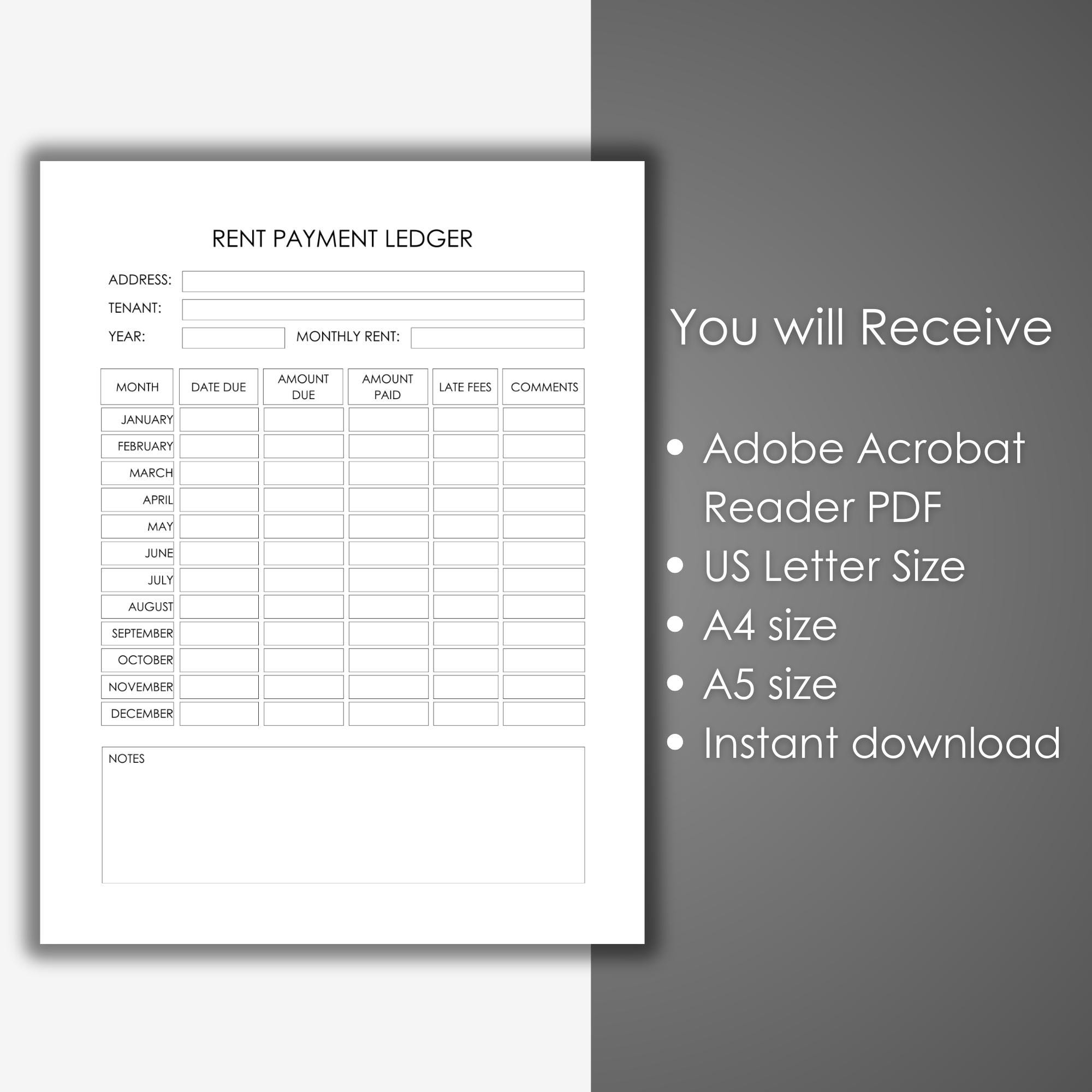 Rent Payment Ledger, Rental Payment Tracker, Monthly Rent Payment ...