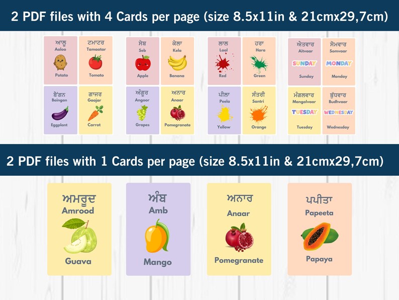 Punjabi Fruits Vegetables Colors Flashcards for Kids, Days of Week ...