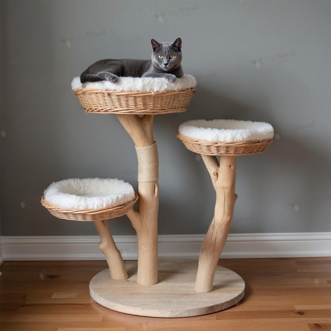 Wicker Cat Tree: Natural Wood Branch, Minimalist Cat Furniture - Etsy
