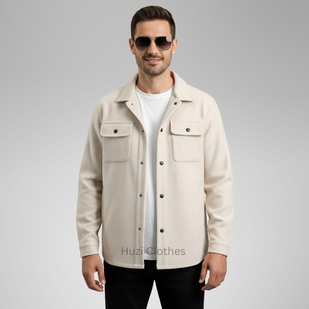 Men Cream Wool Shacket, off White Trucker Jacket - Etsy