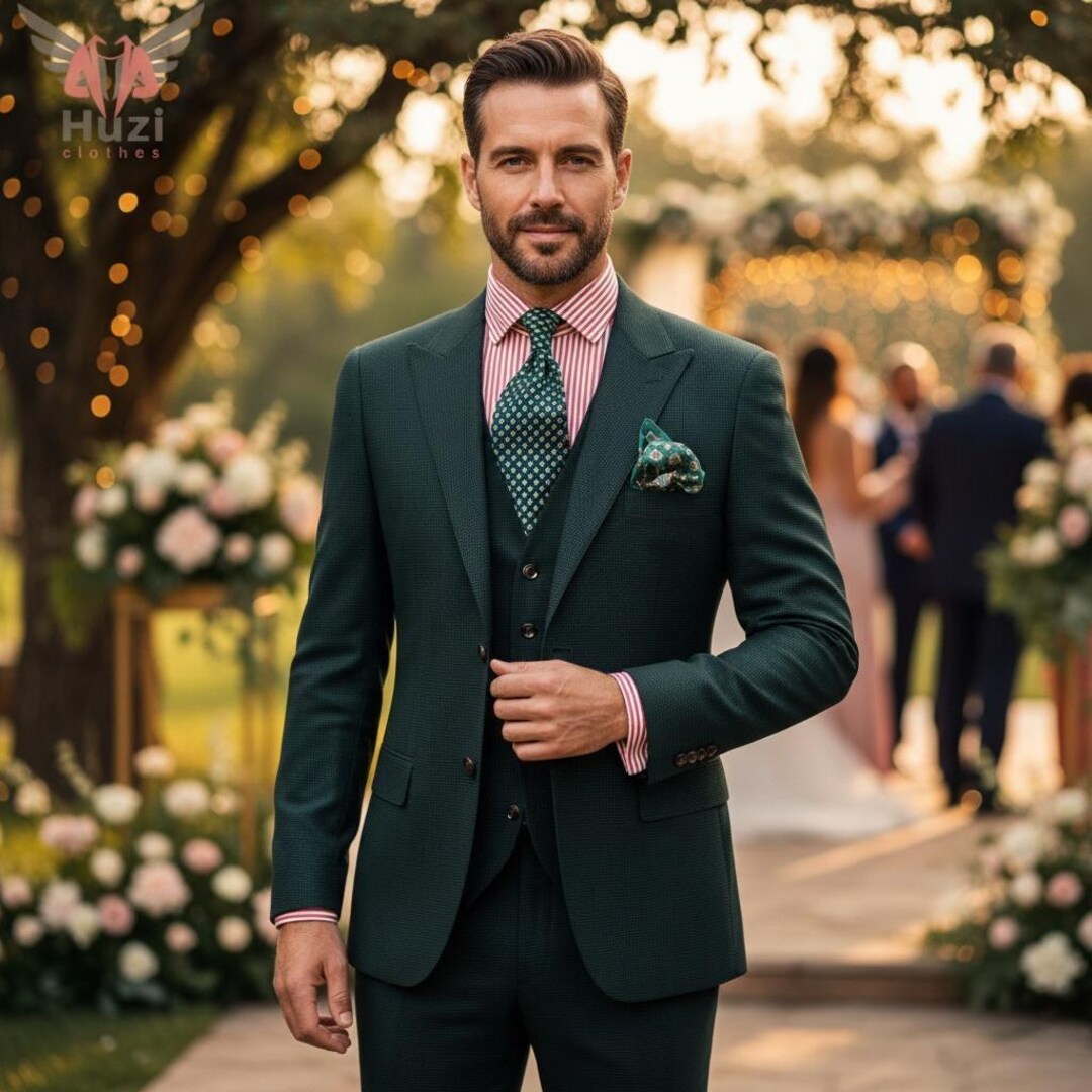 Men's Forest Green 3 Piece Suit Single Breasted Cashmere Wool Wedding ...