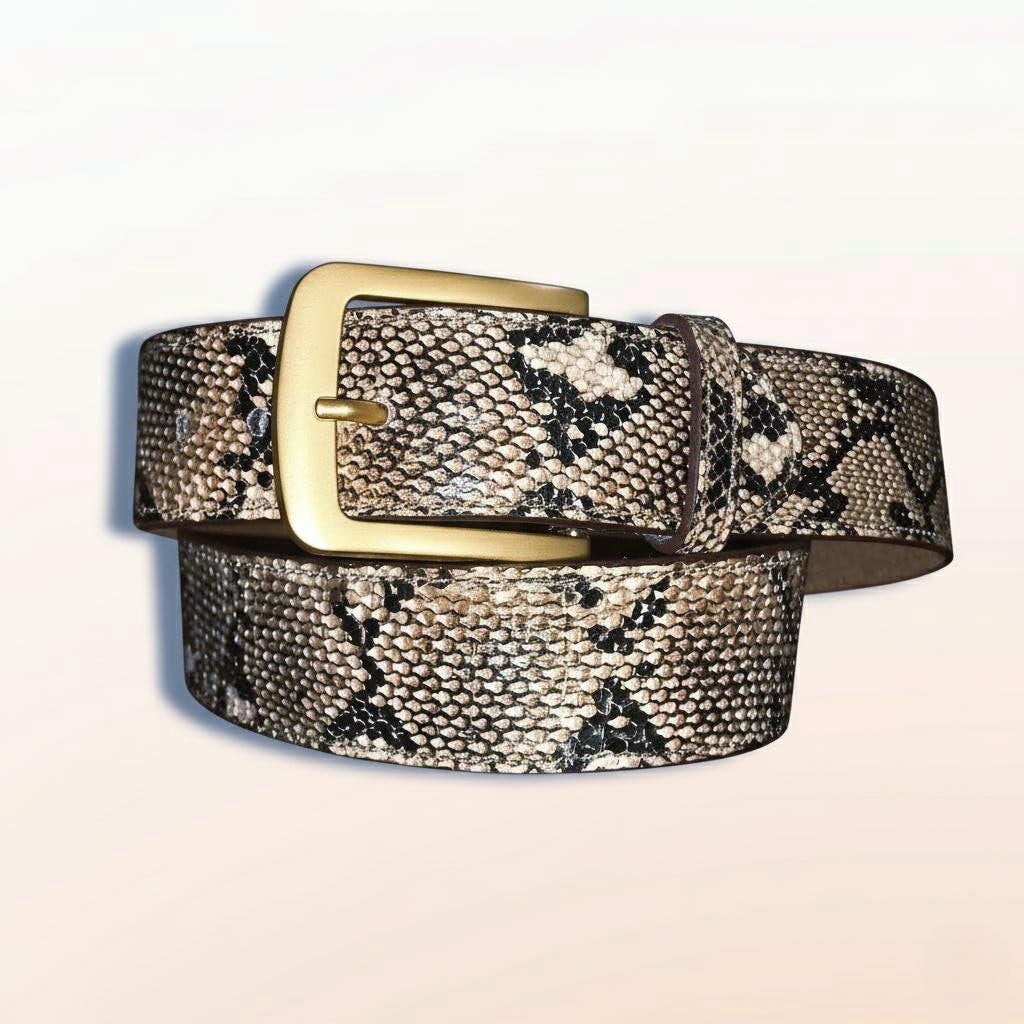 Python Belt, Snake Skin Texture Embossed on Genuine Leather With Golden ...