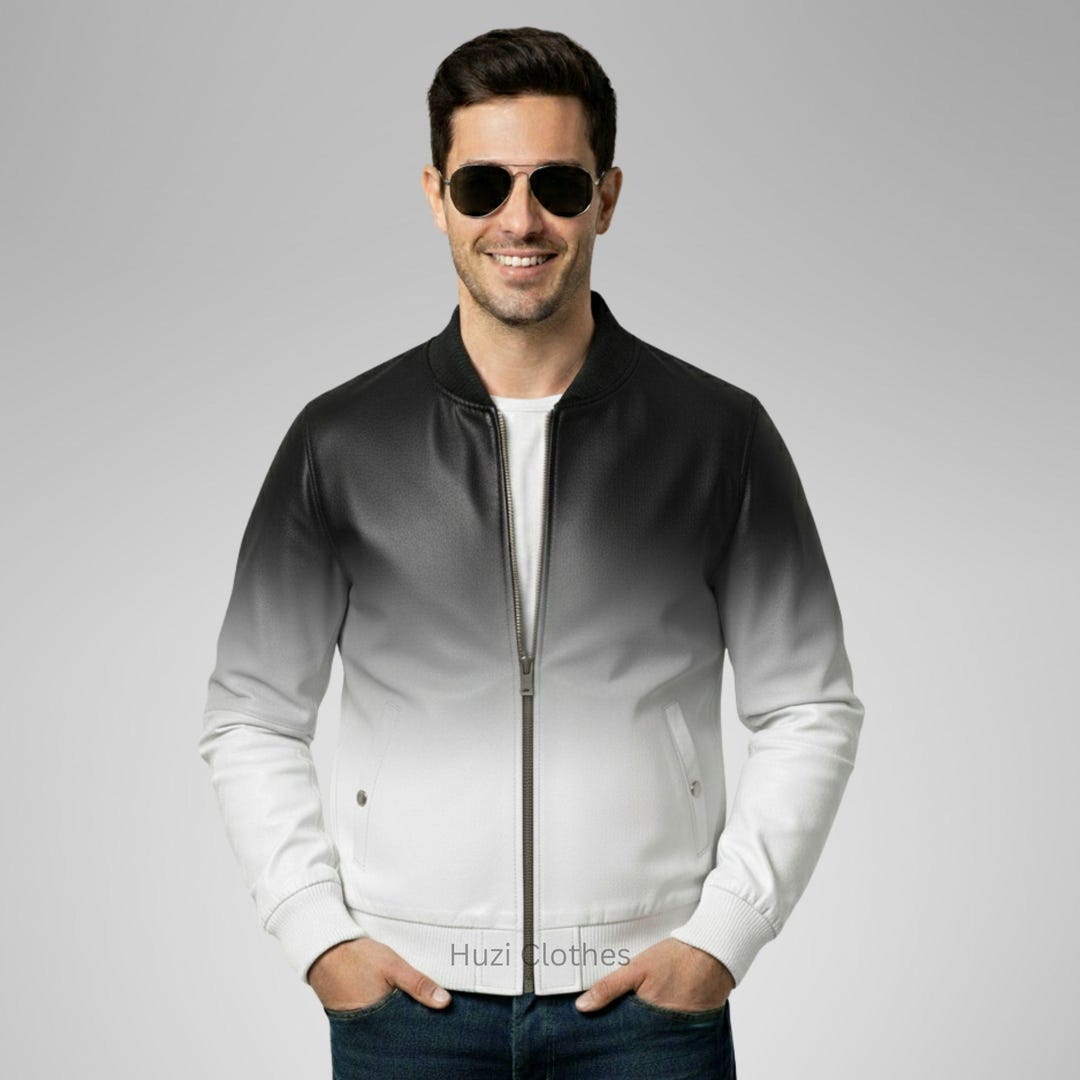 Men's Black White Leather Jacket Bomber Ombre Fade Two Tone Winter ...