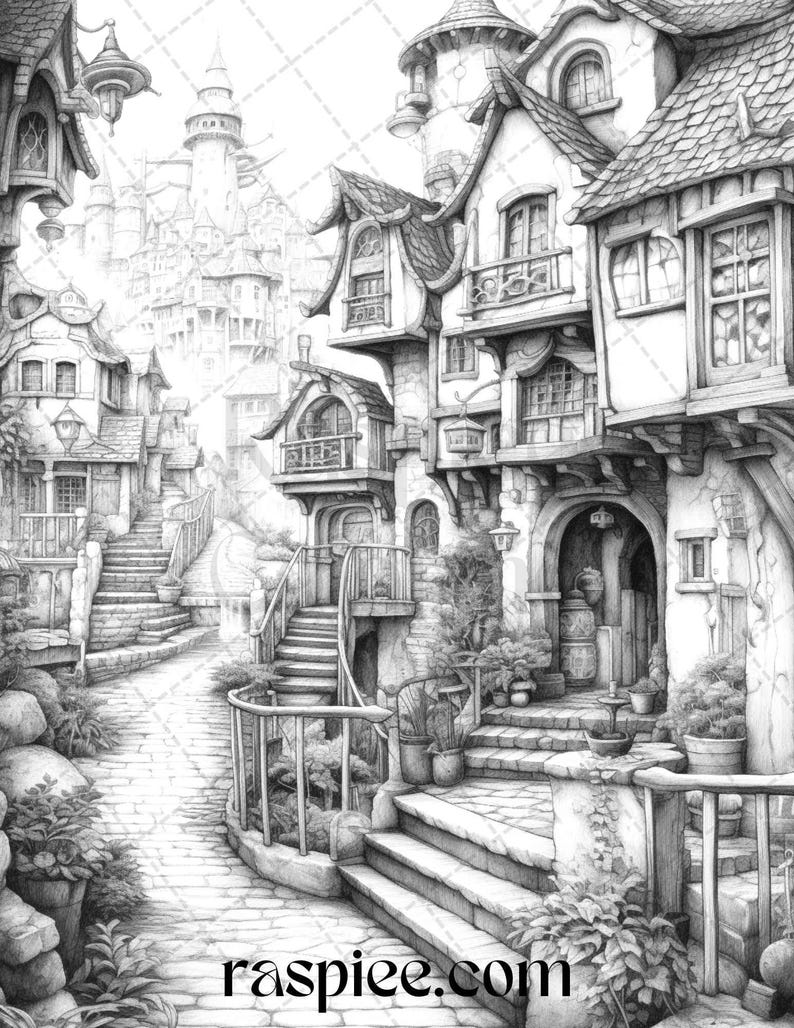 40 Fantasy Village Grayscale Coloring Pages - Etsy