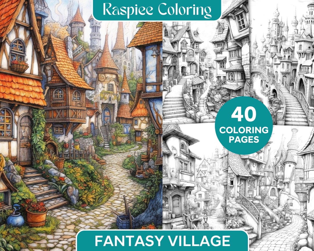 40 Fantasy Village Grayscale Coloring Pages - Etsy