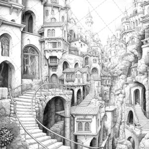 40 Fantasy Village Grayscale Coloring Pages - Etsy