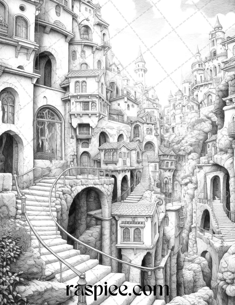 40 Fantasy Village Grayscale Coloring Pages - Etsy