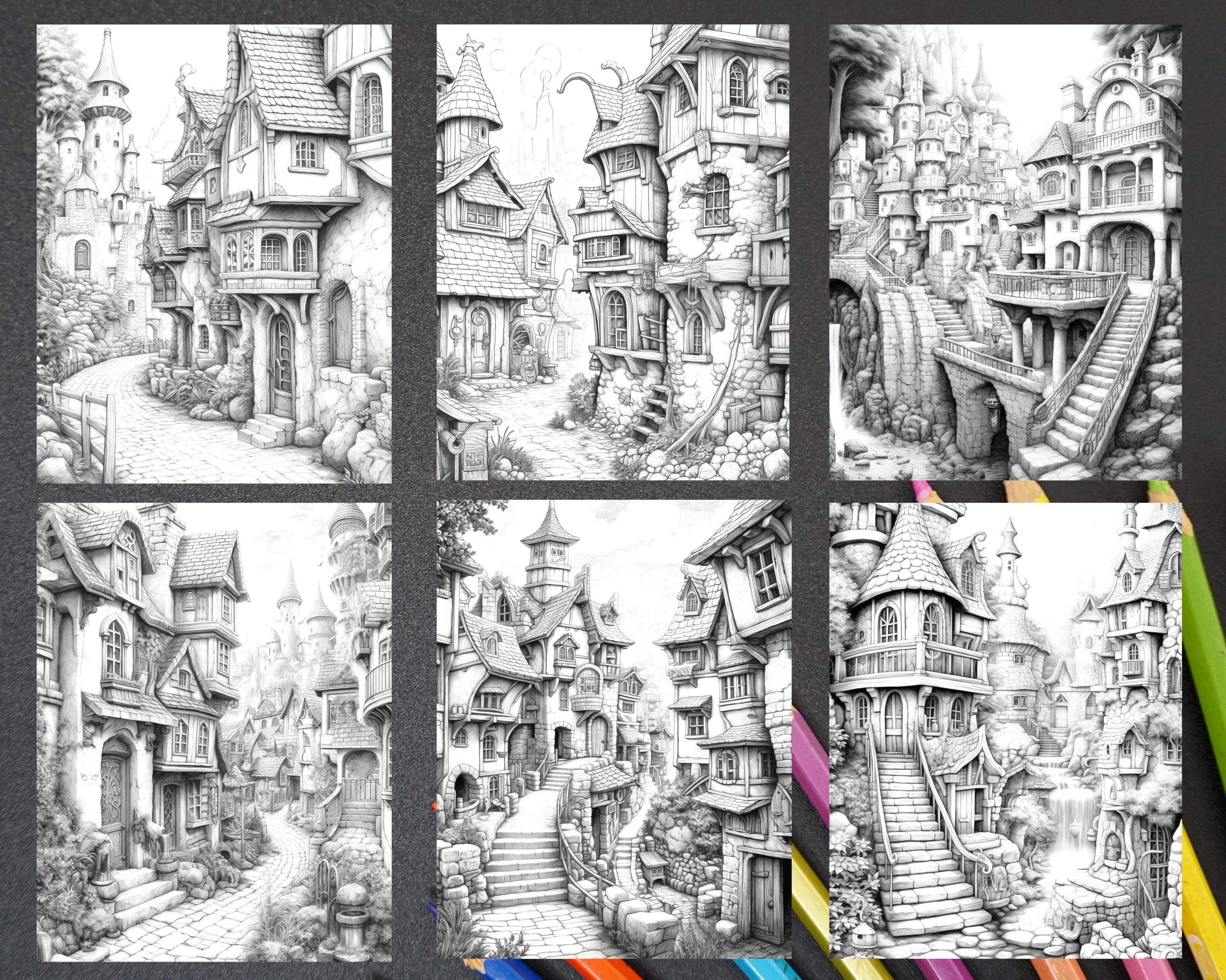 40 Fantasy Village Grayscale Coloring Pages - Etsy