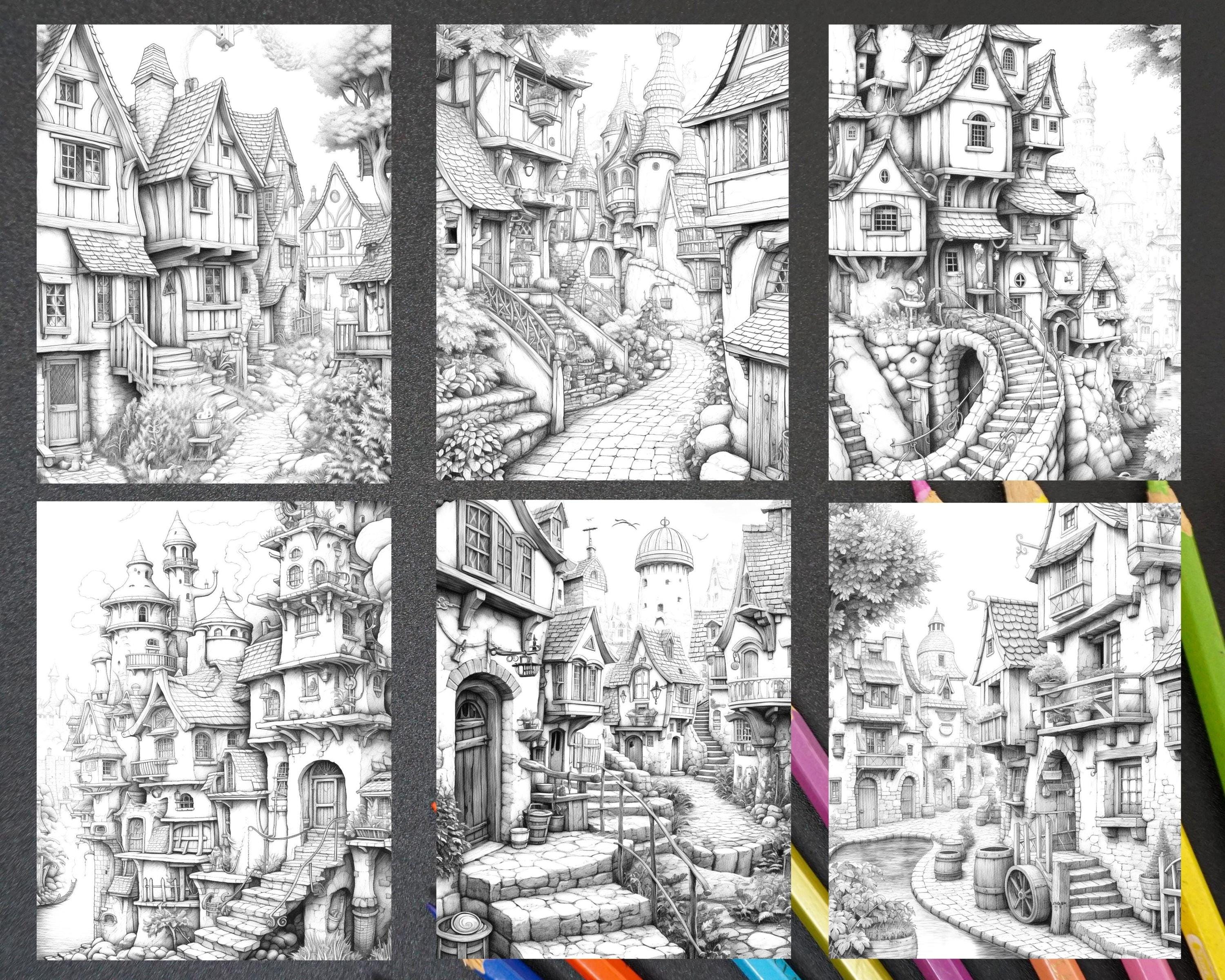 40 Fantasy Village Grayscale Coloring Pages - Etsy