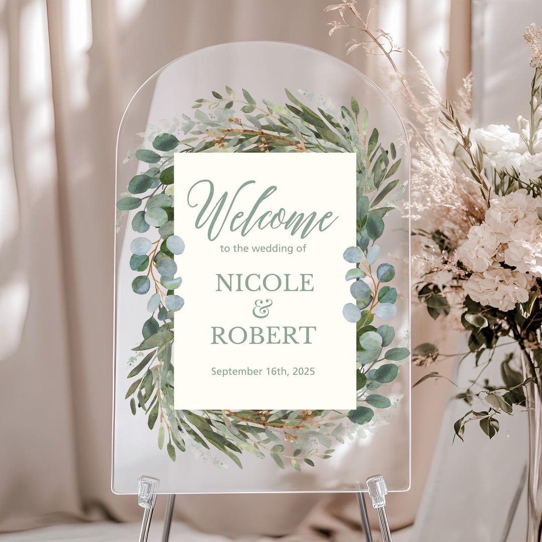 Eucalyptus Greenery Wedding Welcome Sign Acrylic Custom Printed Large ...
