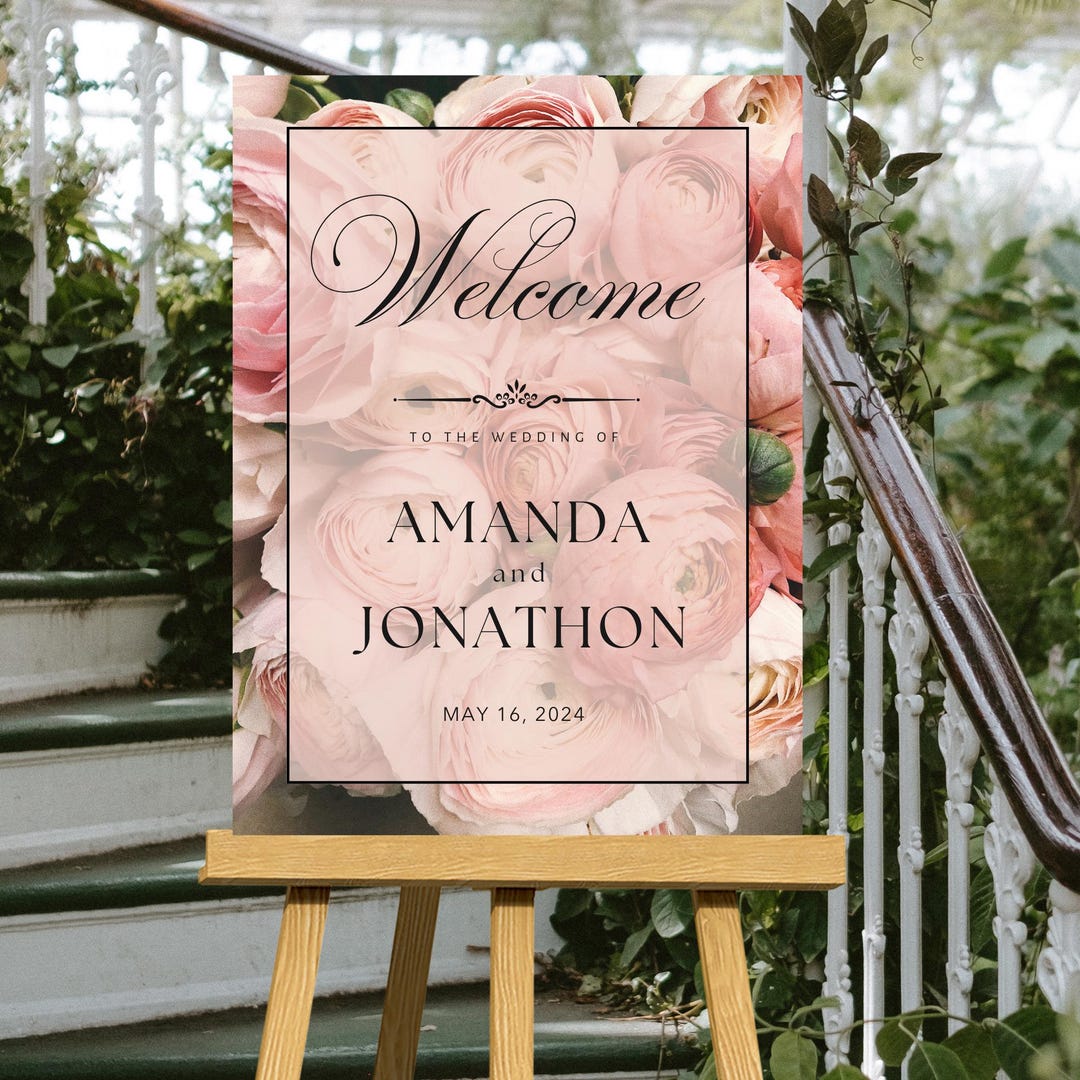 Wedding Welcome Sign Pink Roses, Personalized Modern Elegant Floral ...