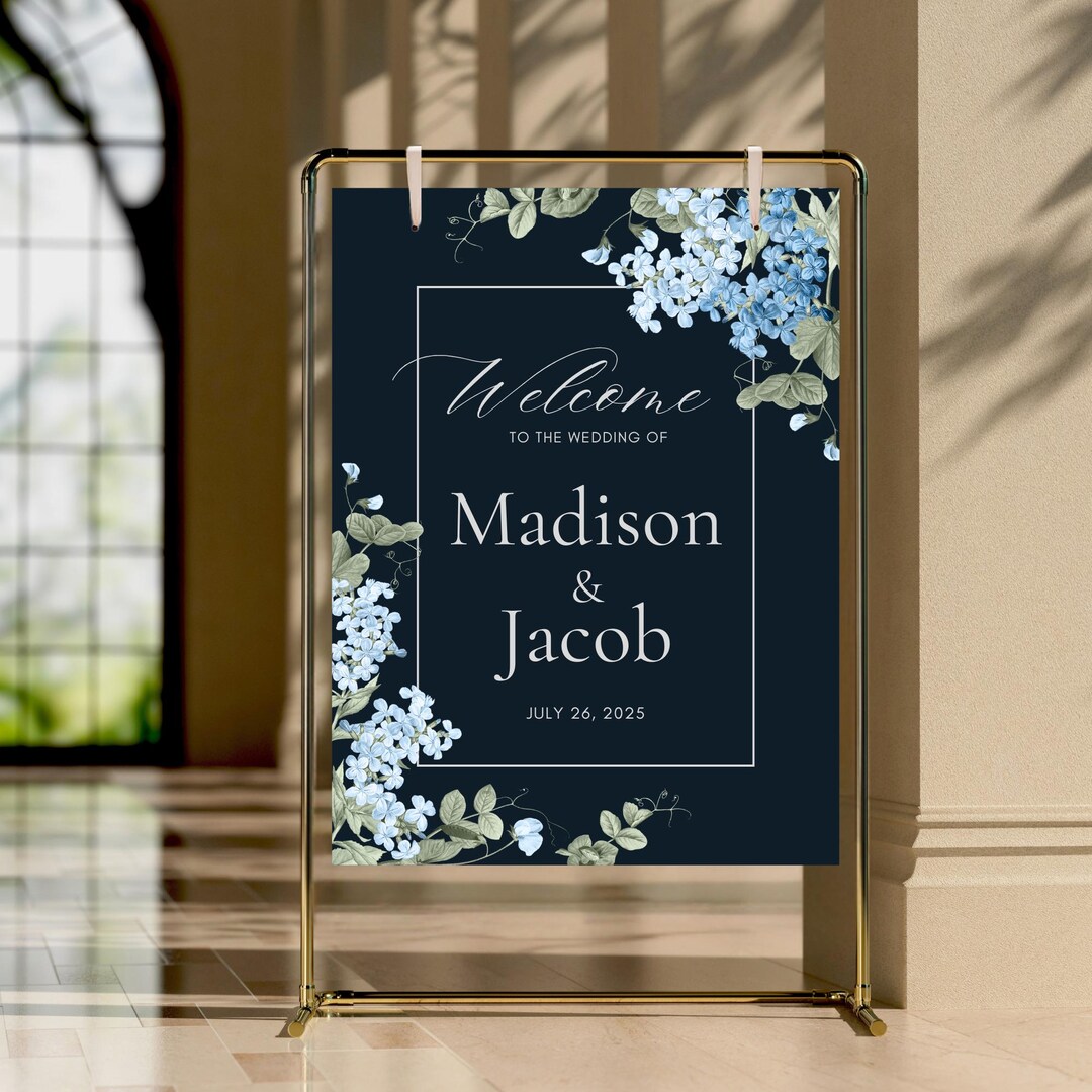 Powder Blue Floral Wedding Welcome Sign Personalized Elegant Dusty Blue ...