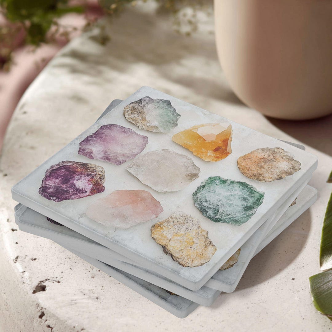 Crystal Collection Coaster Set of 4, Natural Gemstone Drink Coasters ...