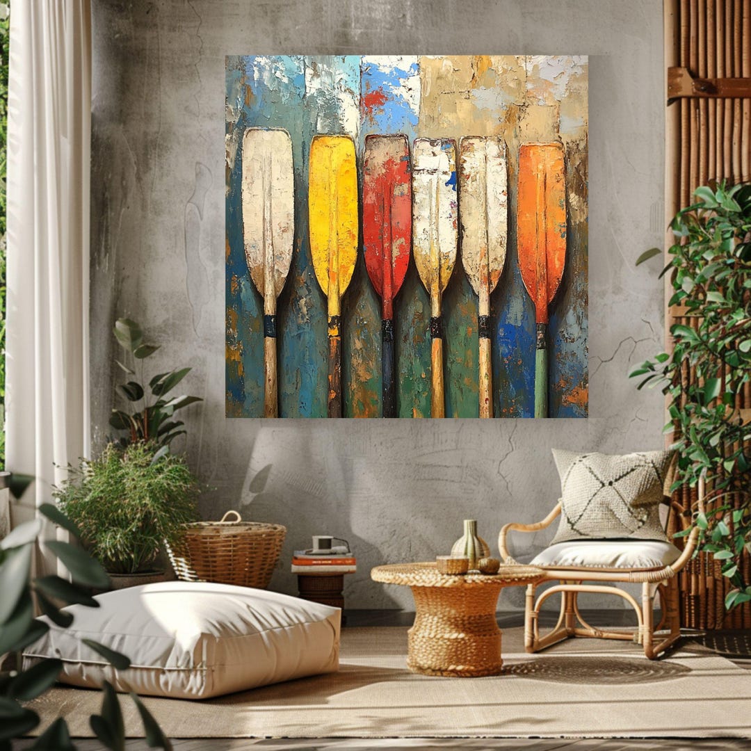 Lake Oars Painting Wall Art Print, Cabin Lake House Decor, Colorful ...