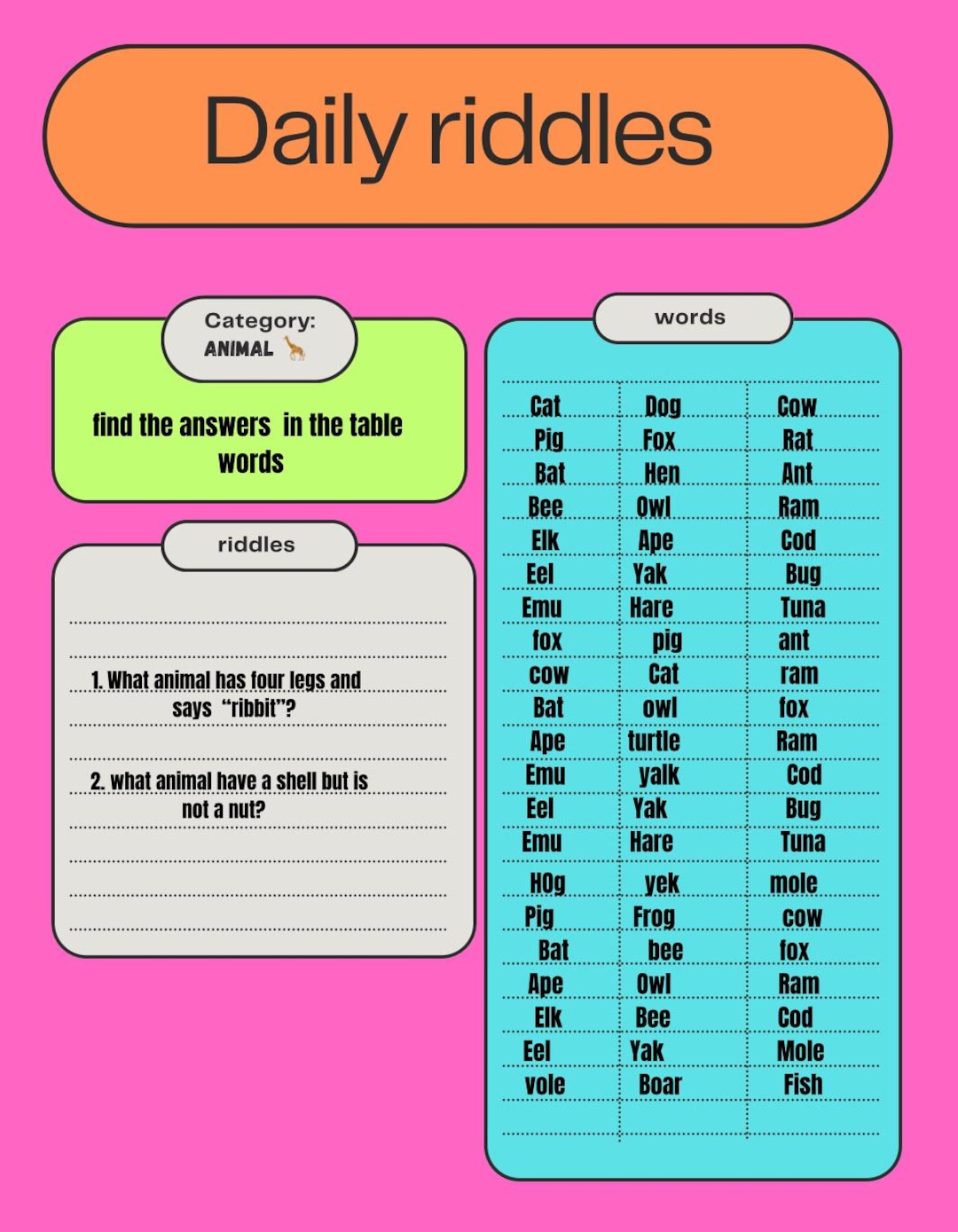 50 Puzzles Riddles for Kids Age 6-12 Funn & Learning - Etsy
