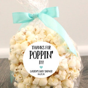 Thanks for Poppin' by Baby Shower Favor Popcorn Bag Sticker Ribbon ...