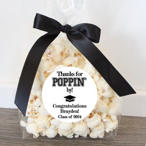 Thanks for Poppin' by Black Graduation Party Favor Popcorn Bag Sticker ...