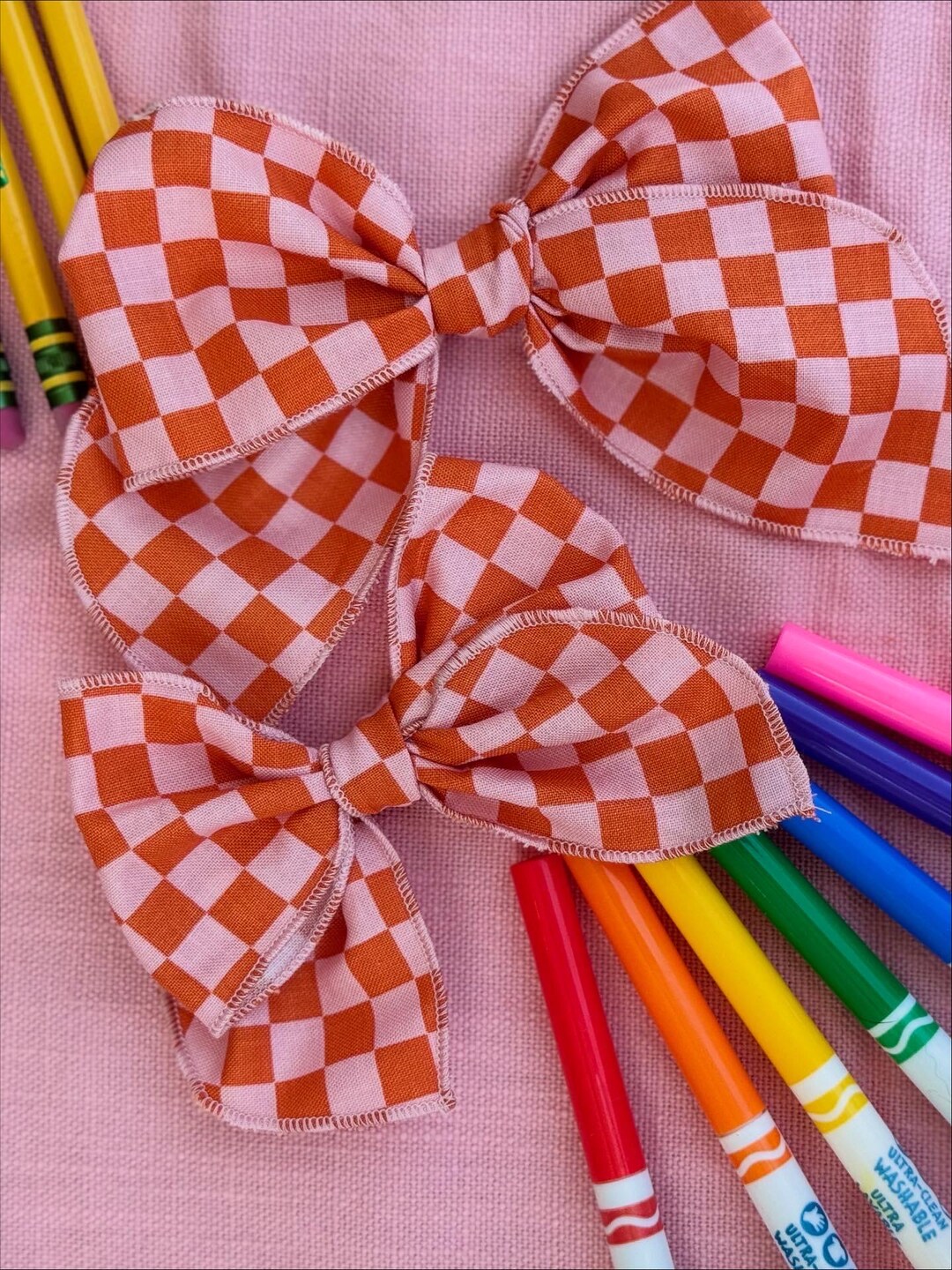 Orange and Pink Checkered Print* Handmade Rolled Hem Fabric Bow for ...