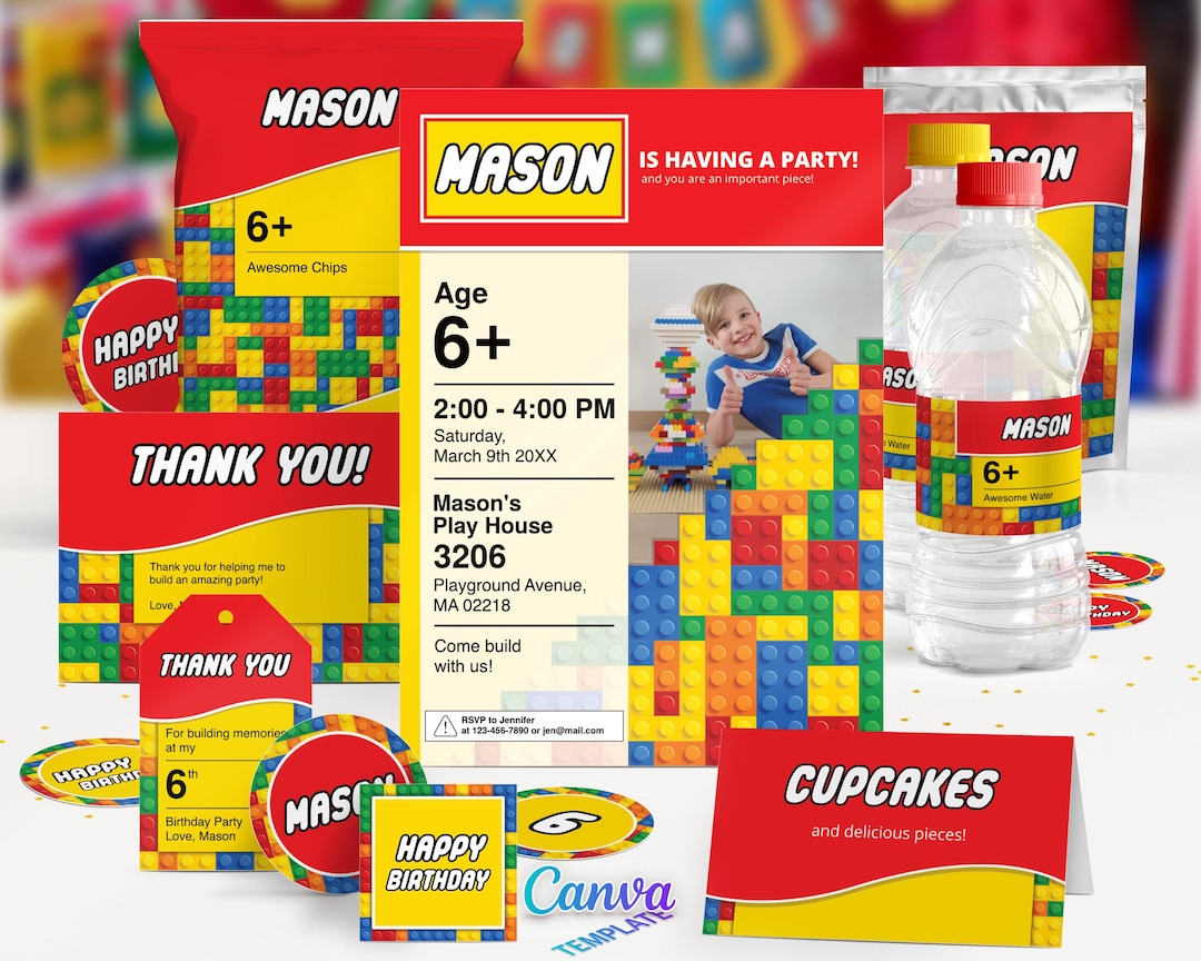 Building Blocks Birthday Invitation Brick Theme Party Invite Bundle ...