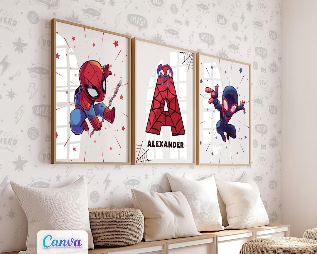 Spidey Wall Art Print Nursery Decor, Set of 3 Personalized Spiderman ...