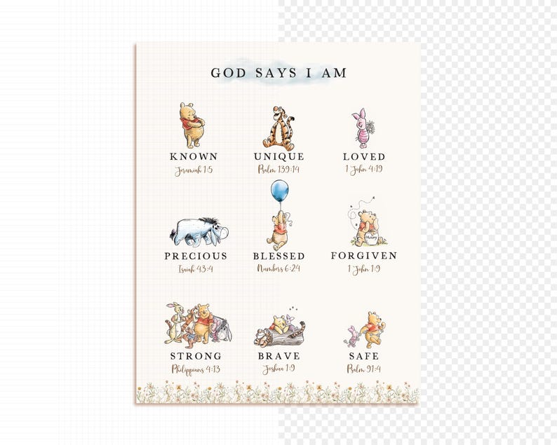 Winnie the Pooh Nursery Art: God Says I Am, Bible Verse (printable) - Etsy