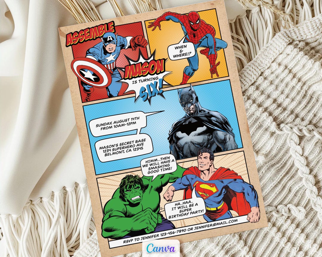 Superhero Birthday Invitation Comic Party Invite Canva Template - Etsy