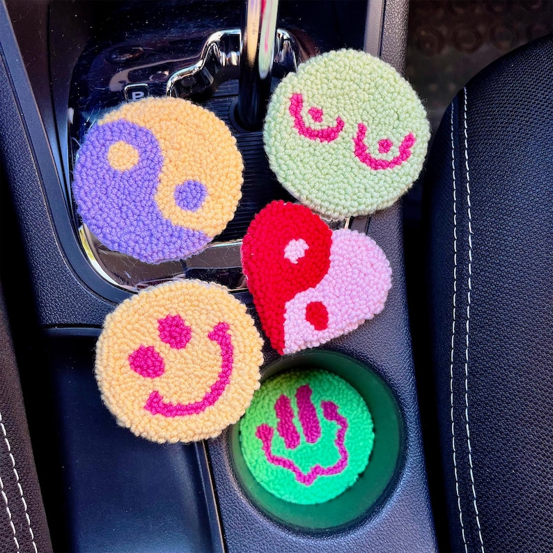 Punch Needle Custom Car Coaster, Set of 2 Car Cup Coasters, Handmade ...