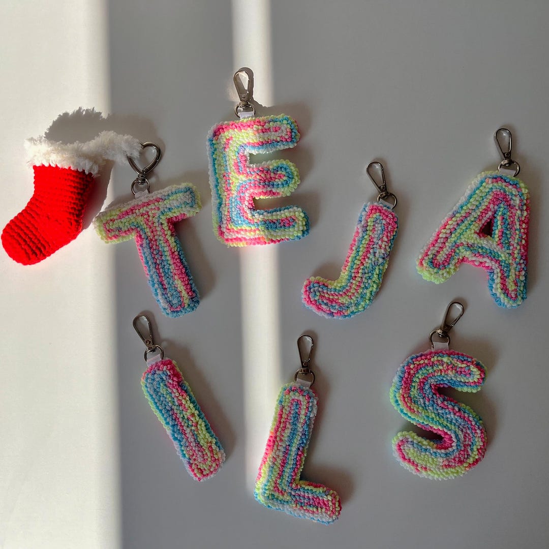 Personalized Letter Keychain, Punch Needle Initial Keyring, Handmade ...
